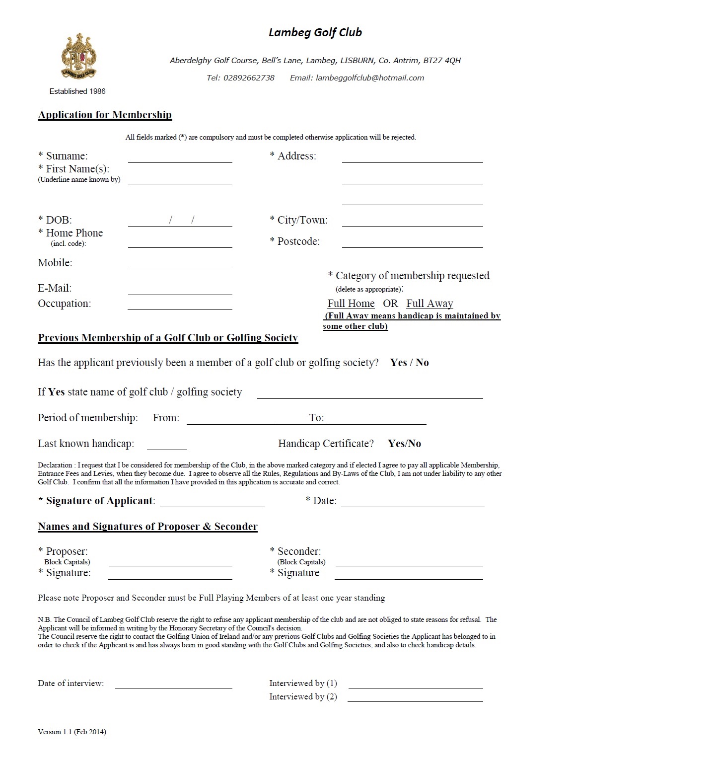 Membership Application | Aberdelghy Golf Course